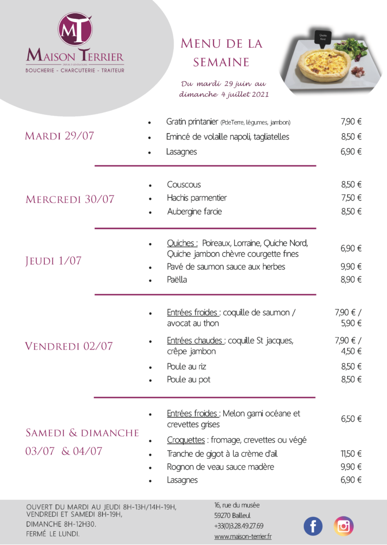 Menu traiteur de la semaine du 29 juin au 4 juillet 2021 – Maison Terrier