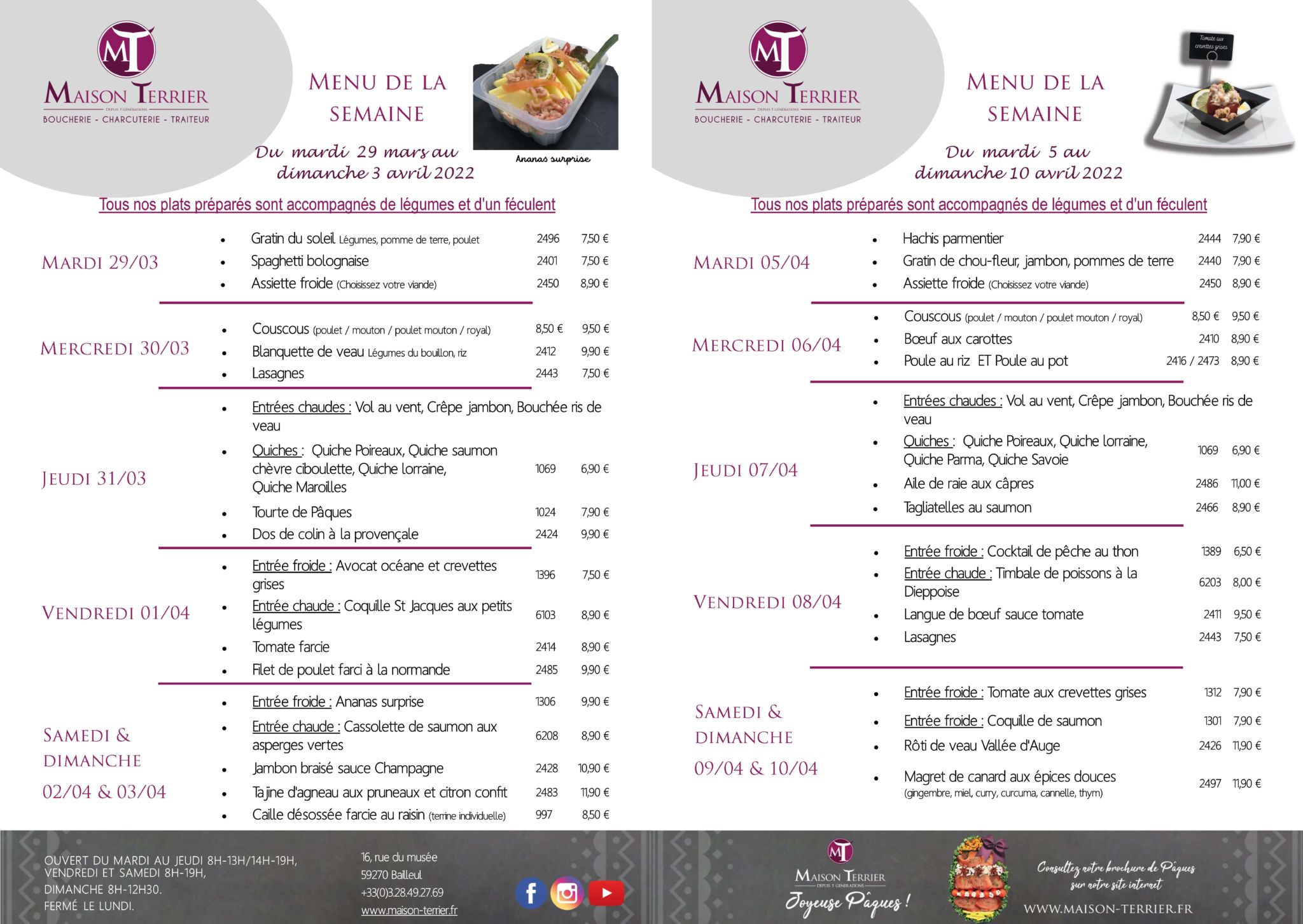 Menus traiteurs du 29 mars au 10 avril 2022 – Maison Terrier