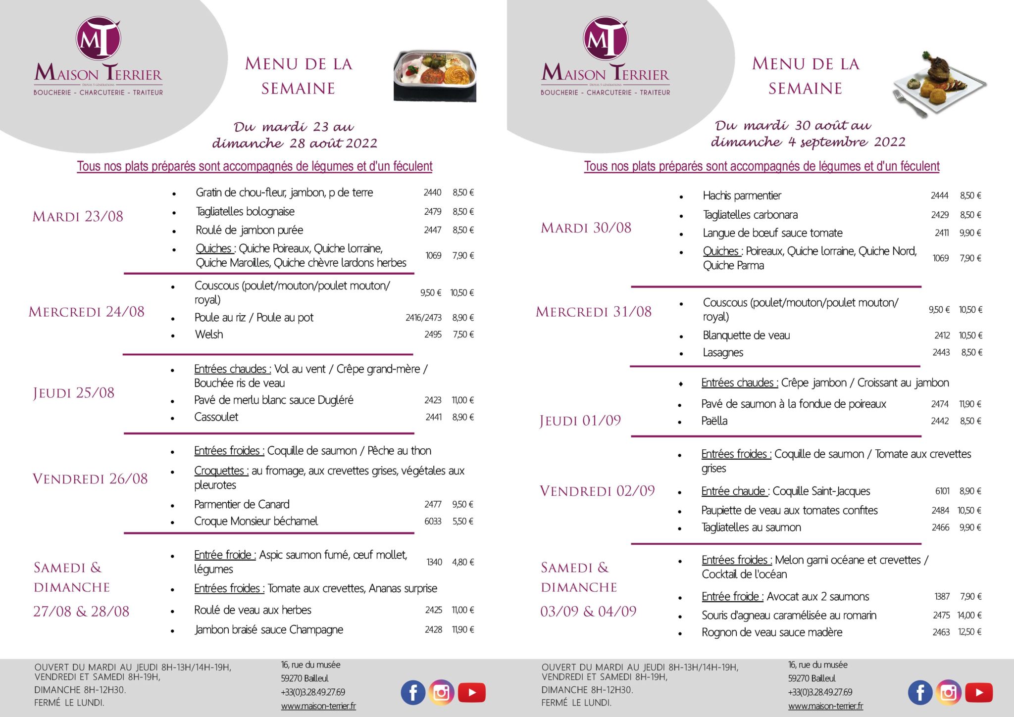 Menu traiteur du 22 août au 4 septembre 2022 – Maison Terrier