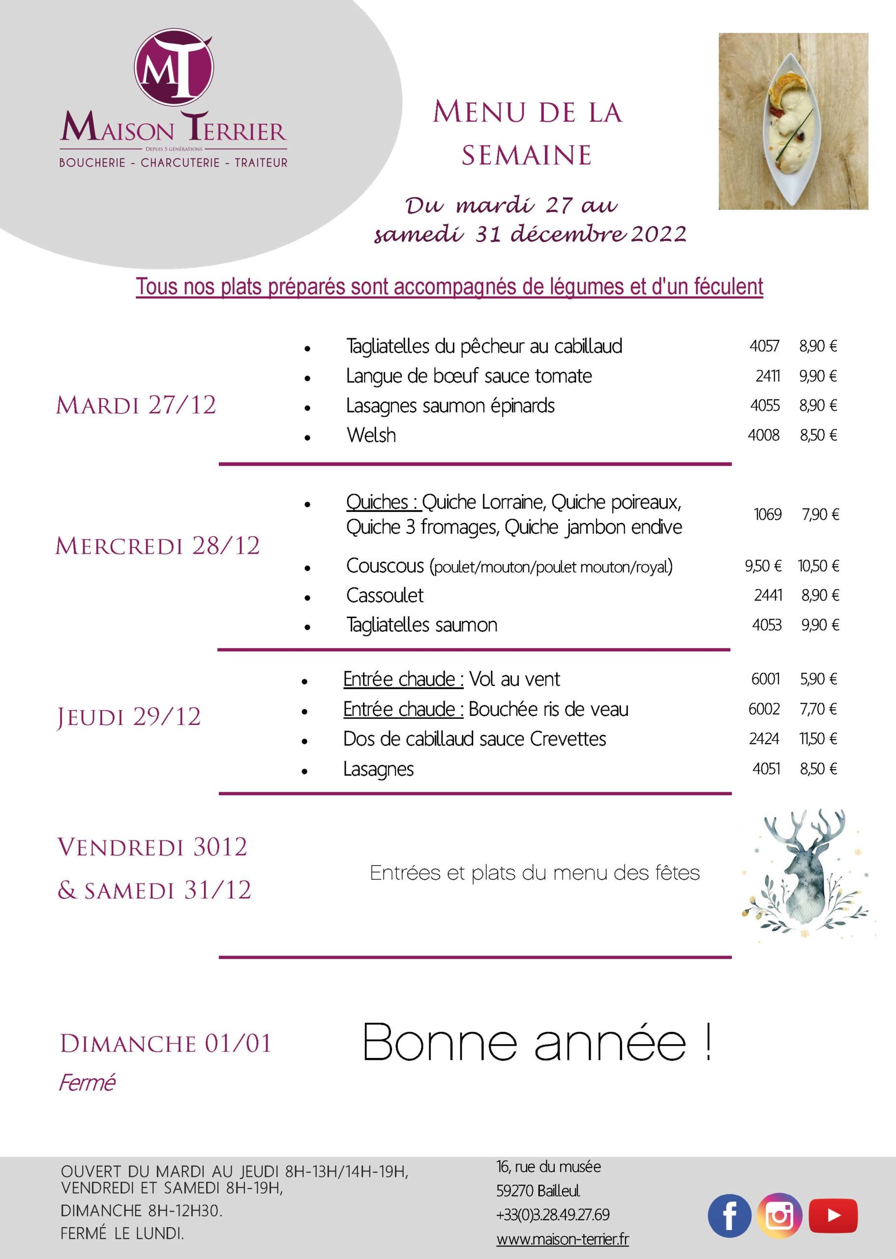 Menu traiteur de la semaine du 27 au 31 décembre 2022 – Maison Terrier
